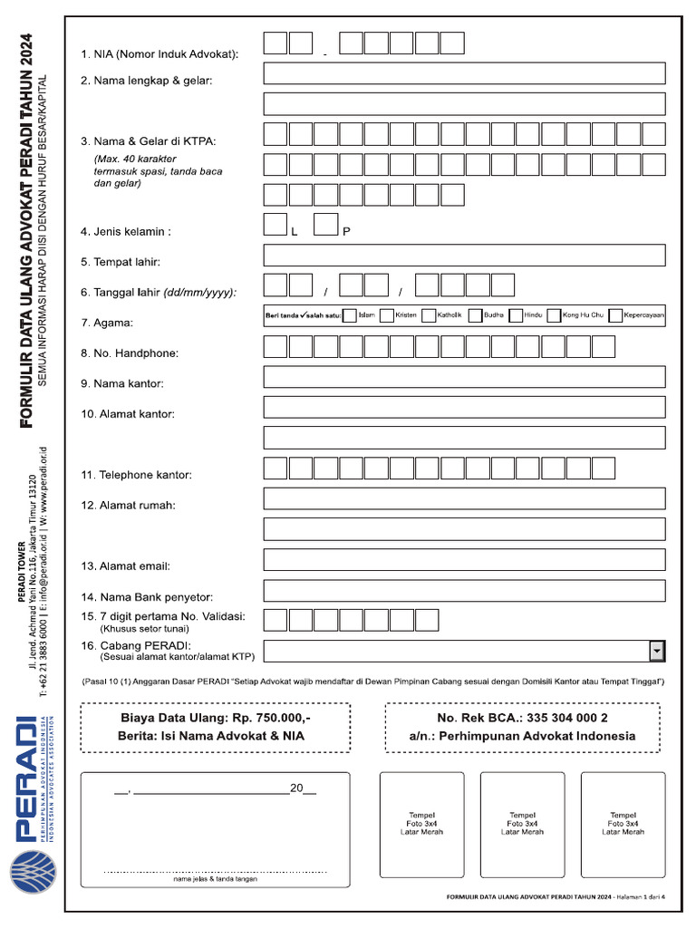 Formulir Data Ulang Peradi 2024 Filler | PDF