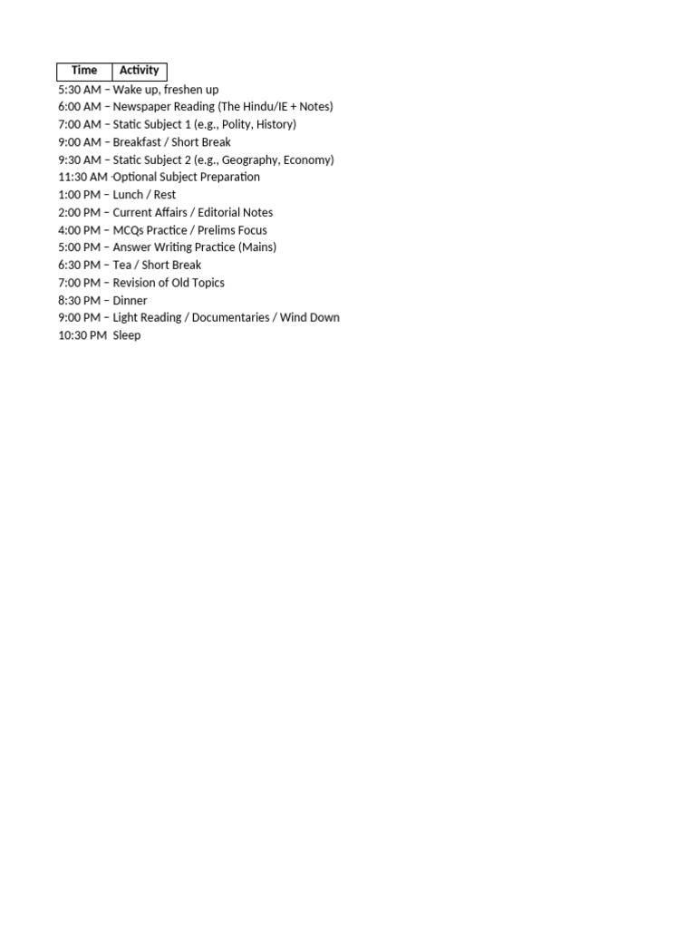 UPSC Preparation Timetable | PDF