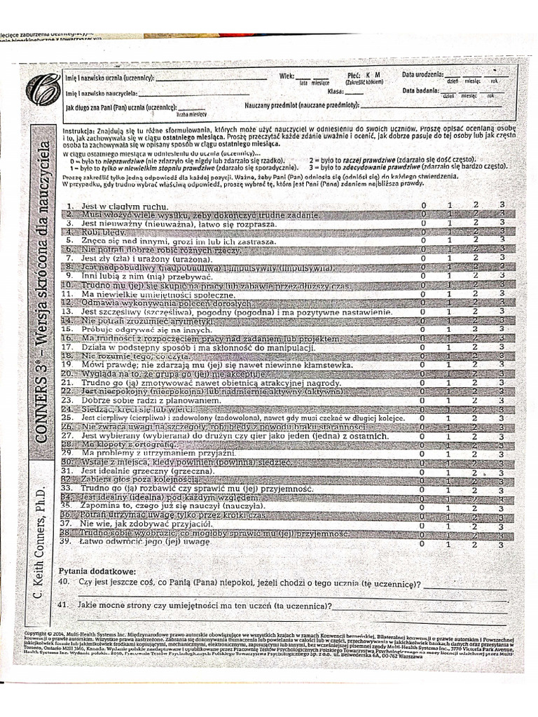 Conners 3 Wersja Dla Nauczyciela Skrócona | PDF