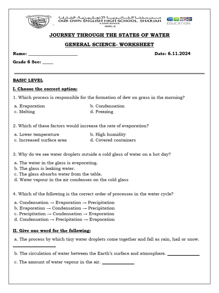Grade6 - 2024-25 - Journey Through The States of Water - Worksheet ...