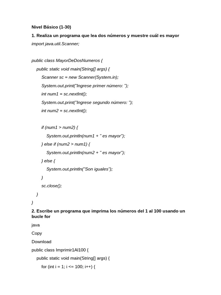 Tarea de Programacion 100 Ejercicios | PDF | Java (lenguaje de programación) | Paradigmas de ...