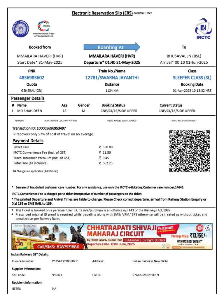Swarna Jayanthi Express Ticket Details | PDF | Identity Document | Payments