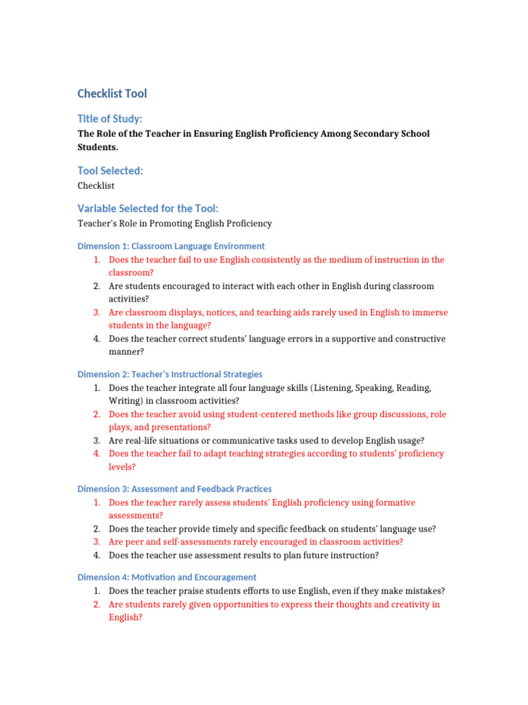 Checklist Teacher Role English Proficiency | PDF | Teachers | Education ...