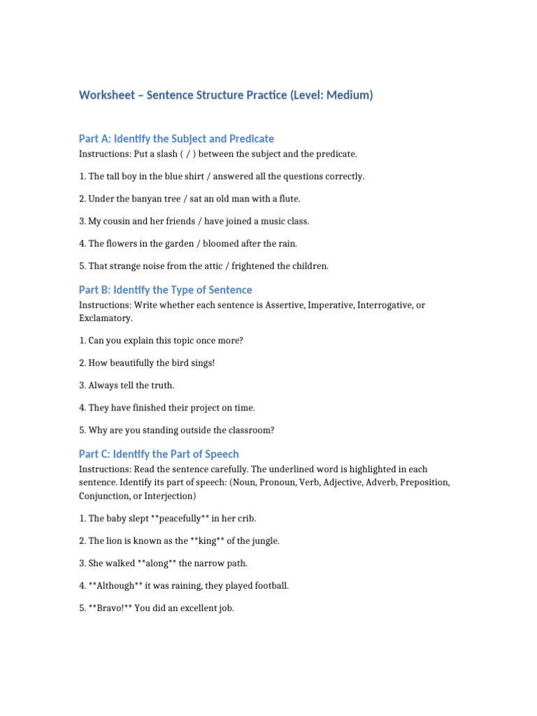 Sentence Structure Worksheet Level Medium | PDF