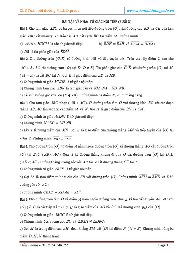 (9.2C1) BTVN B26 Tứ Giác Nội Tiếp (Buổi 3) | PDF