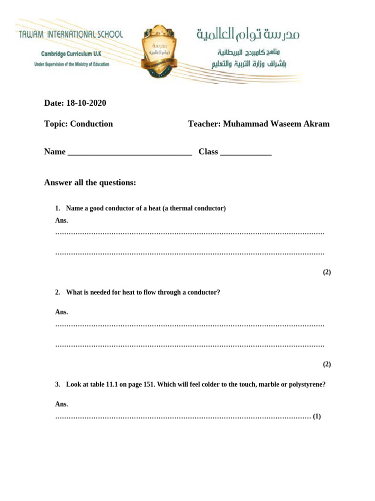 Conduction Worksheet | PDF