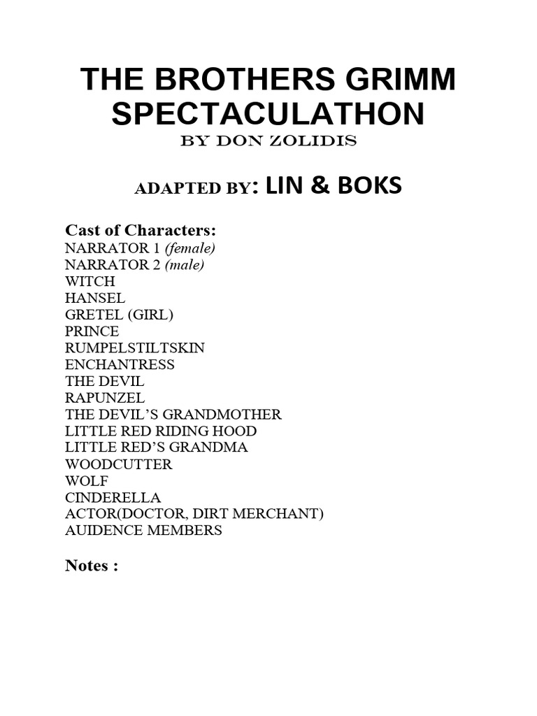 Brothers Grimm Spectaculathon Script | PDF | Hansel And Gretel | Hansel ...