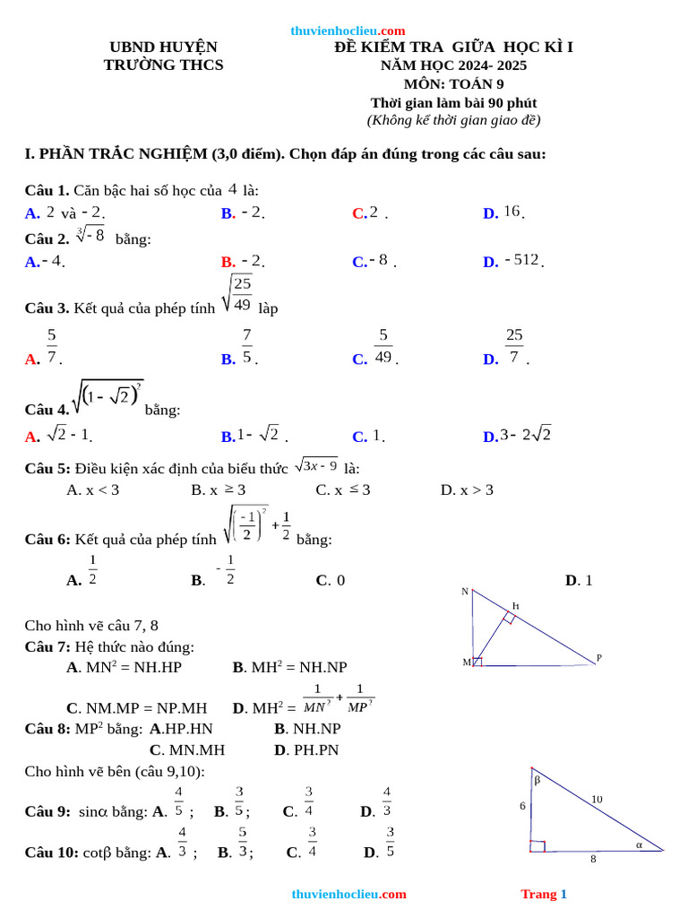 De Kiem Tra Giua HK1 Toan 9 Nam 24 25 | PDF