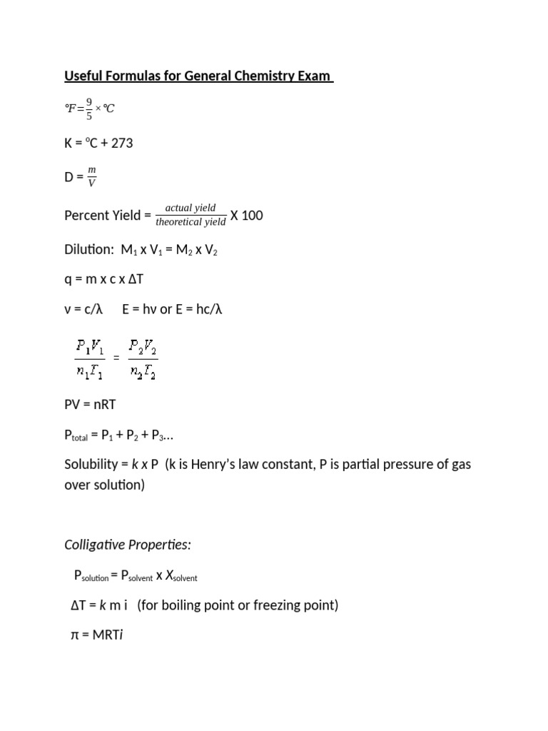 Useful Formulas For General Chemistry II Exam | PDF