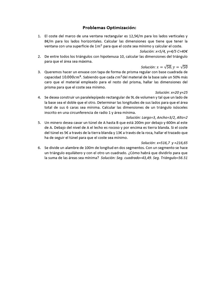 Problemas Optimizacion - 1bach - Soluciones | PDF