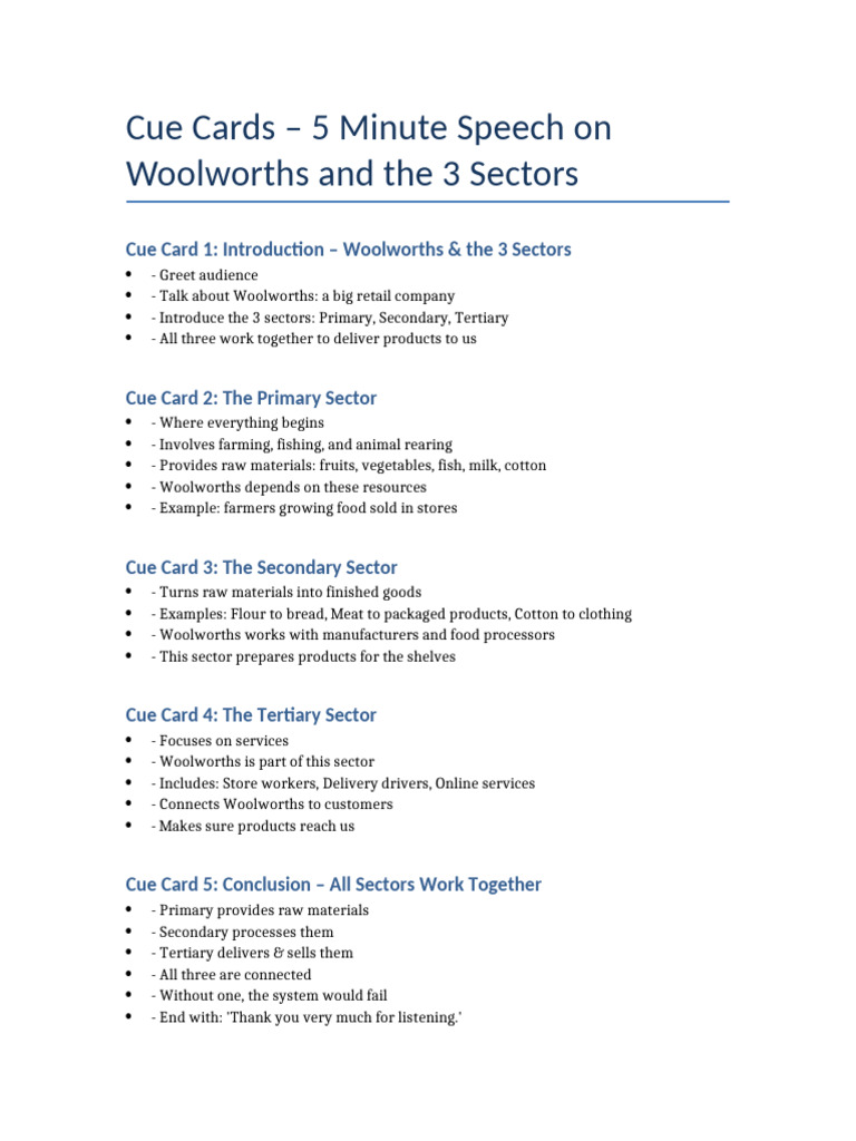 Woolworths Speech Cue Cards | PDF
