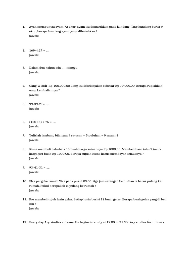 Soal Calistung Kelas 2 Tahap 1 | PDF