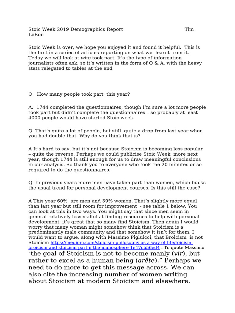 Stoic Week 2019 Demographics Report Tim LeBon | PDF | Stoicism