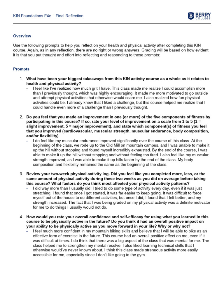 KIN 108 Reflection - Final (Complete) | PDF | Self Efficacy | Behavioural Sciences