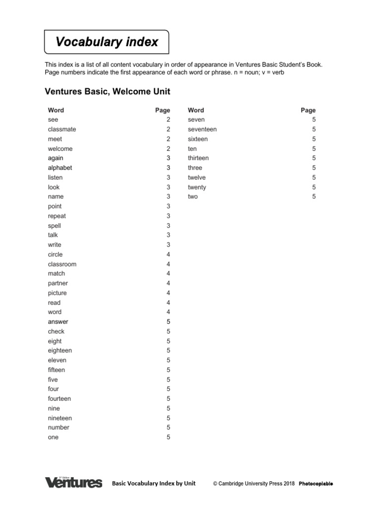 Ventures Basic Level by Unit Vocabulary Index | PDF
