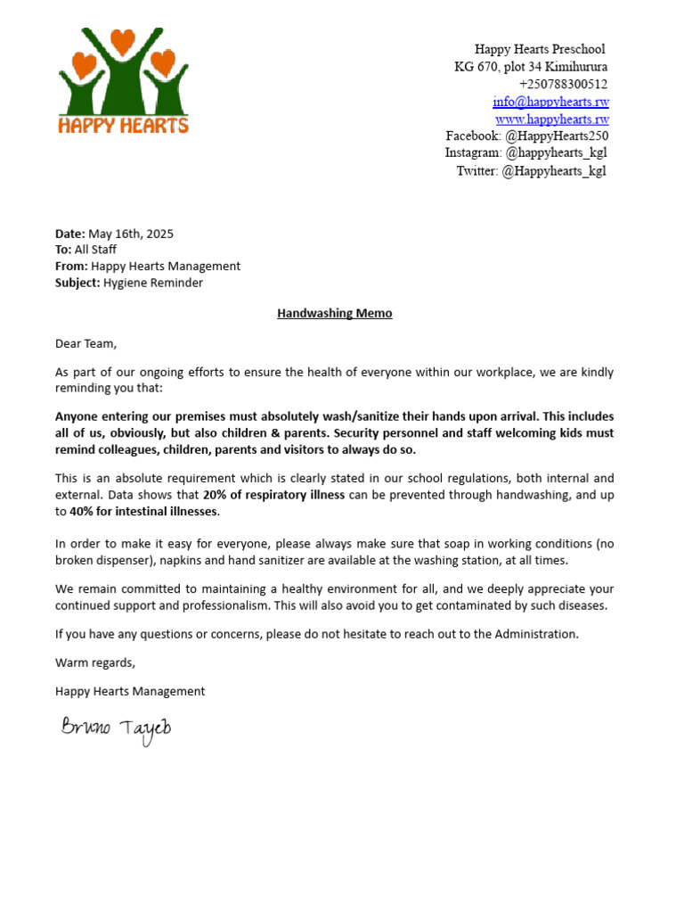 Hygiene Reminder for Happy Hearts Staff | PDF