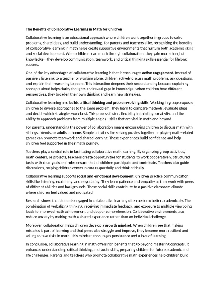 The Benefits of Collaborative Learning in Math For Children | PDF ...