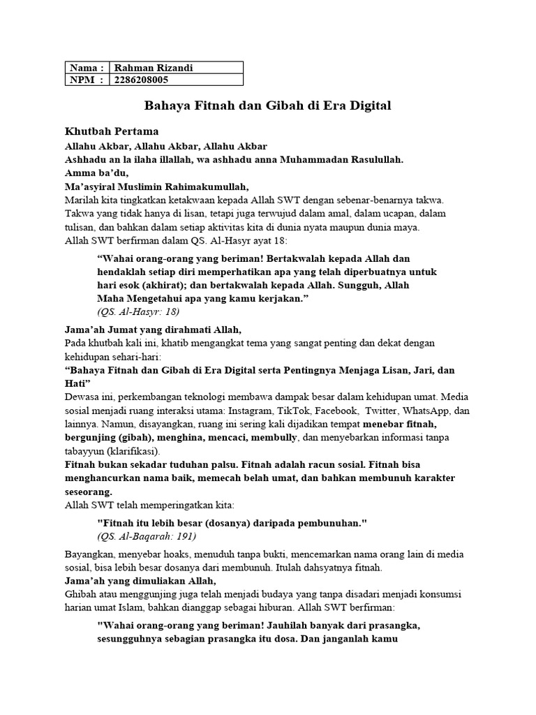 Bahaya Fitnah dan Gibah Digital | PDF