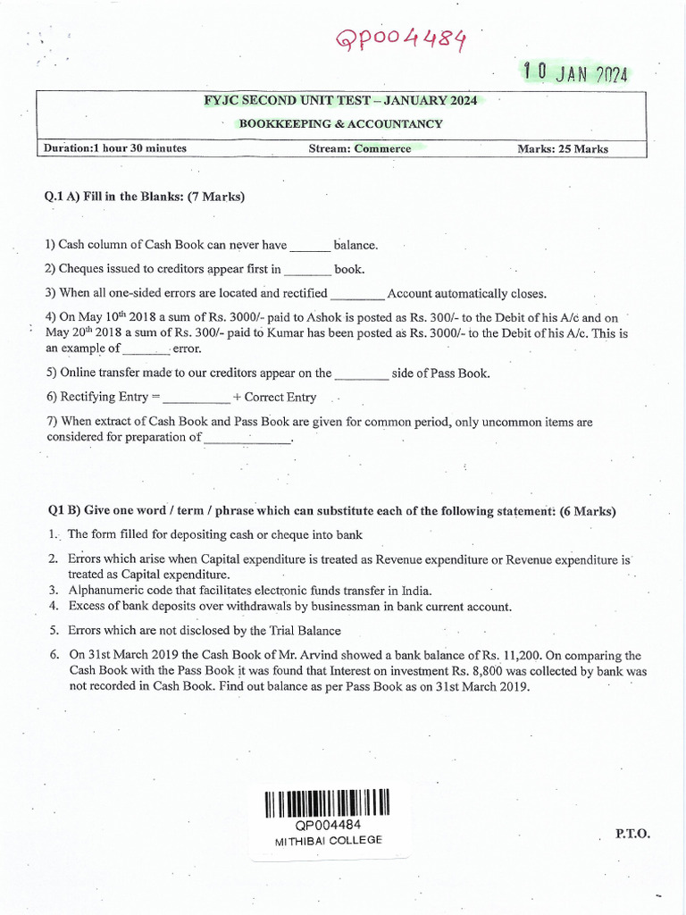 FYJC Commerce Second Unit Test January 2024 QP004484 | PDF
