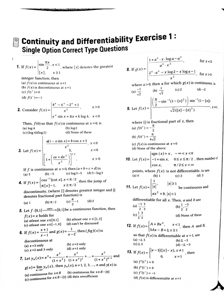 Continuity and Differentiability Excercise | PDF