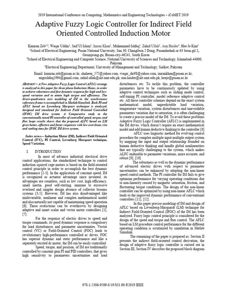 Adaptive Fuzzy Logic Controller For Indirect Field Oriented Controlled Induction Motor Pdf