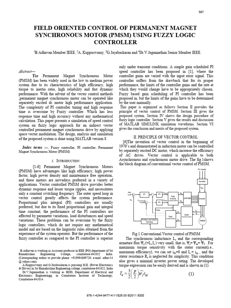 Field Oriented Control of Permanent Magnet Synchronous Motor (Pmsm ...