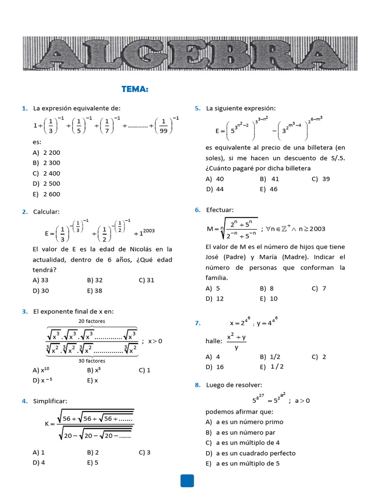 Teoría de Exponentes en Álgebra | PDF | Matemática Elemental | Matemáticas