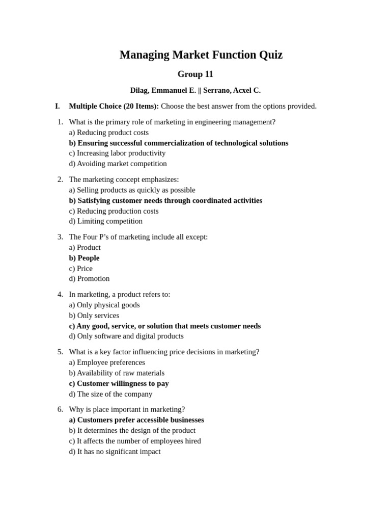 Managing Market Function Quiz | PDF | Marketing | Sales
