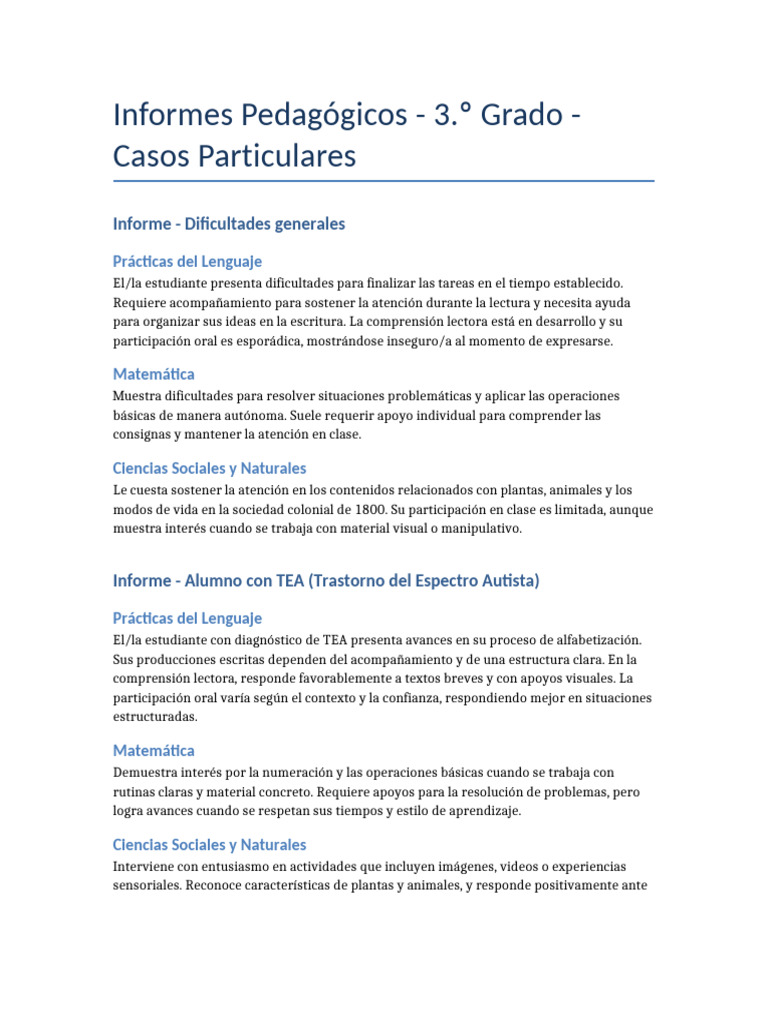 Informes Pedagógicos 3.º Grado: Dificultades y TEA | PDF
