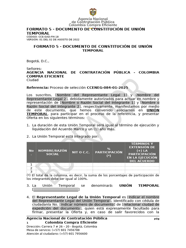 Documento Constitución Unión Temporal | PDF | Colombia