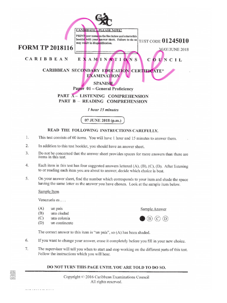 Csec Spanish p1 2018 Mj | PDF