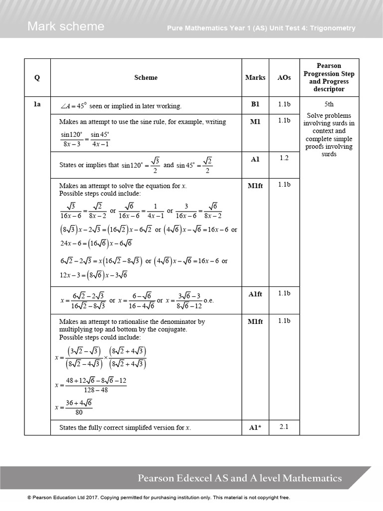 Alevel Ut p1 u4 Markscheme (1) | PDF | Trigonometric Functions | Trigonometry