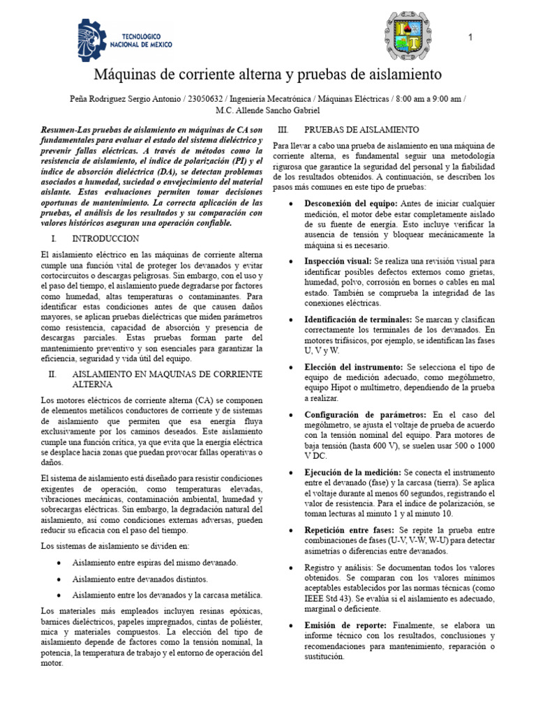 Pruebas de Aislamiento | PDF | Aislador (Electricidad) | Corriente alterna