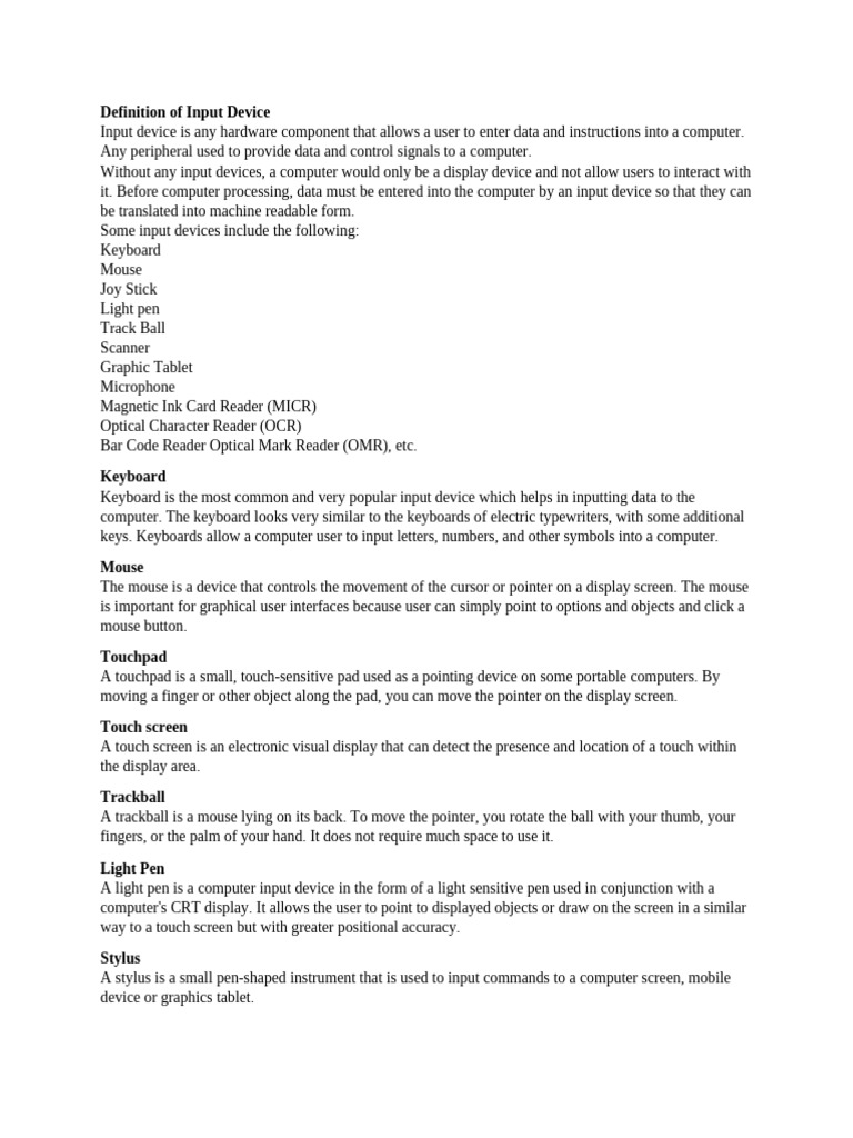 Definition of Input Device-1 | PDF | Computer Keyboard | Human–Machine Interaction