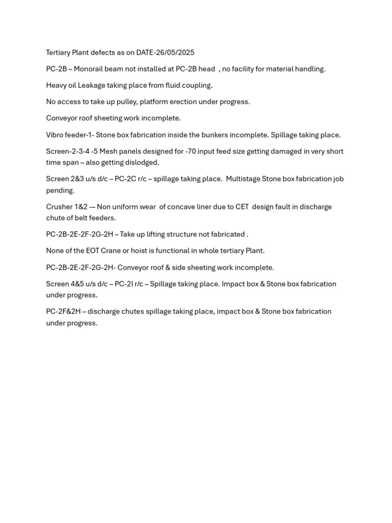Tertiary Crushing Plant Defect List | PDF