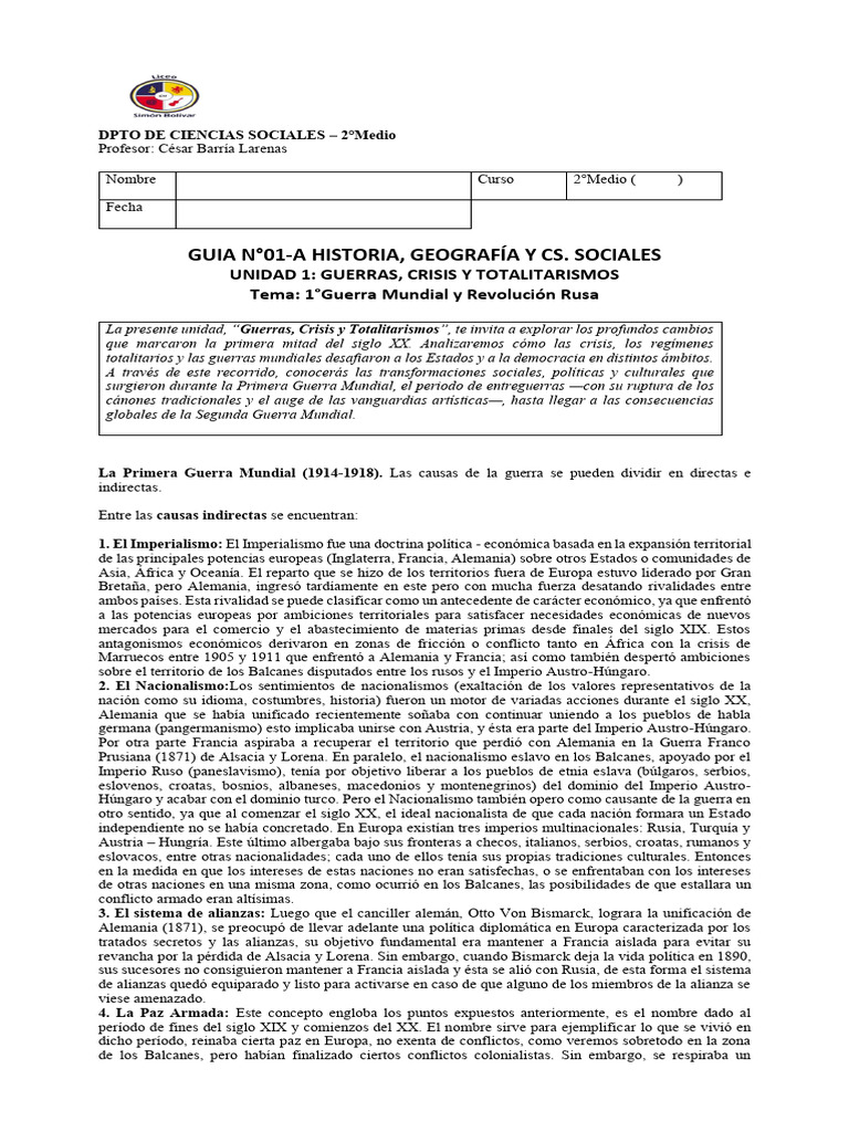 Guia 2 Medio 1gm y Rev Rusa | PDF | Austria Hungría | Primera Guerra Mundial