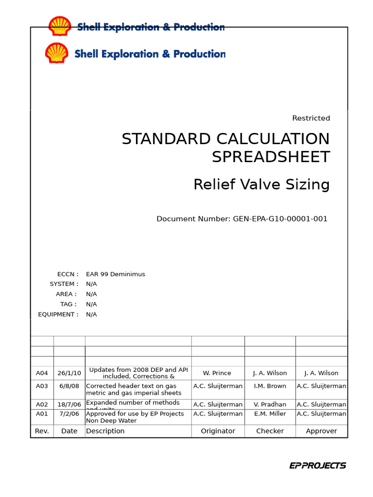 Gen Epa g10 00001 001 A04 Standard Calculation Spreadsheet Relief Valve ...