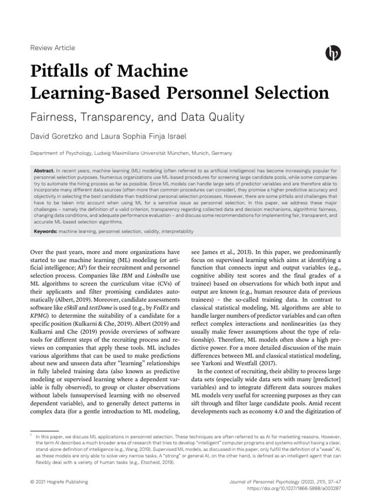 Goretzko Et Israel - 2022 - Pitfalls of Machine Learning-Based Personnel Selec | PDF | Machine ...