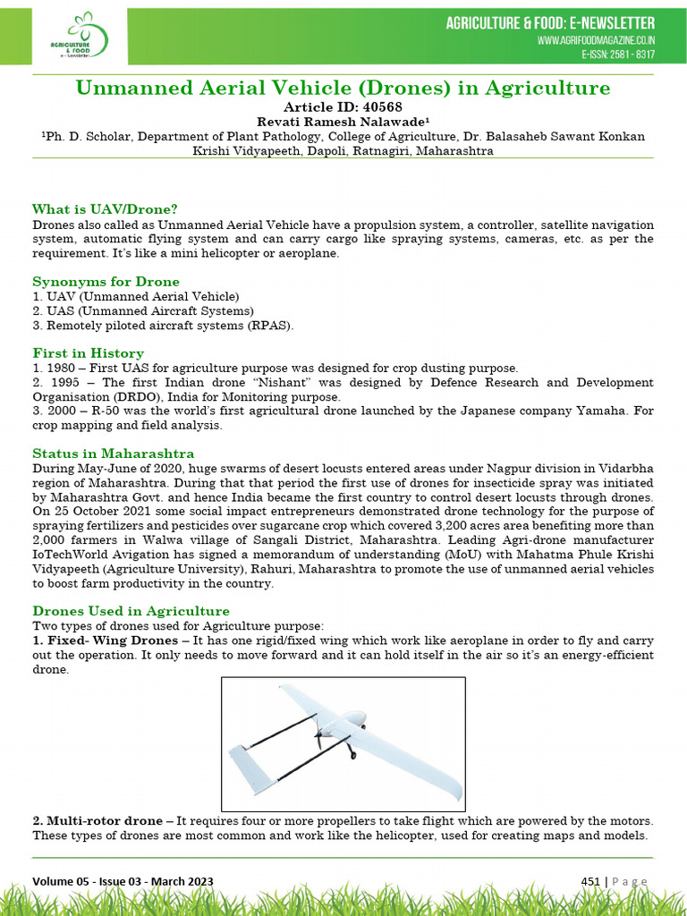 UAV (Drones) in Agriculture | PDF | Unmanned Aerial Vehicle | Aviation