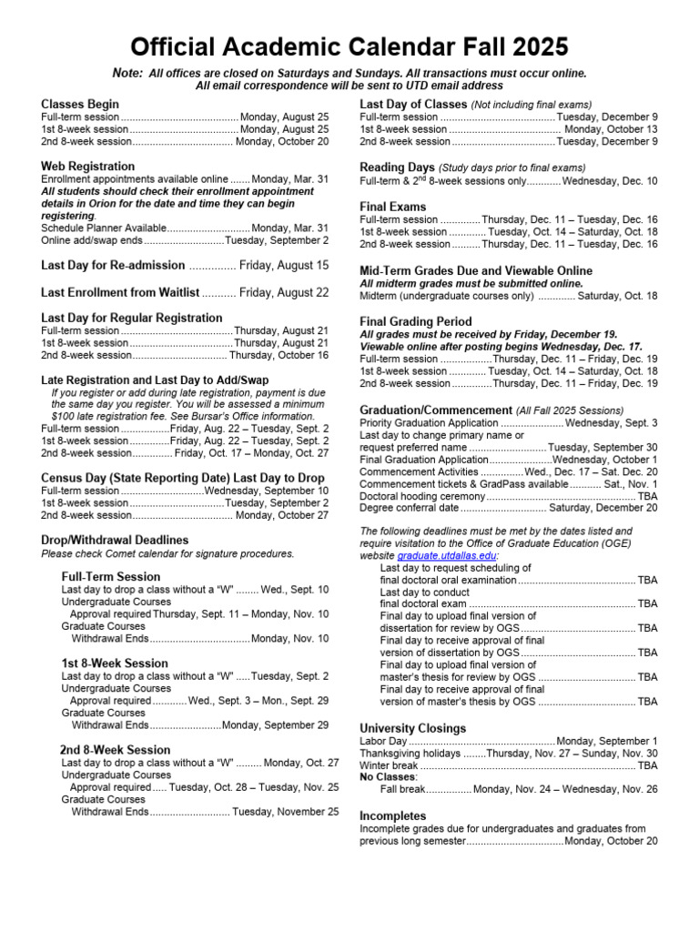 UTD Fall 2025 Academic Calendar | PDF | Academic Term | Fee