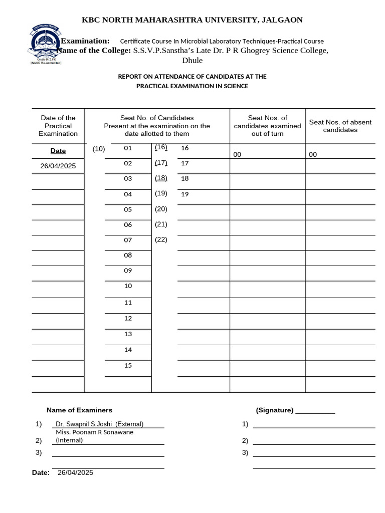 Attendance Report for Microbial Lab Exam | PDF