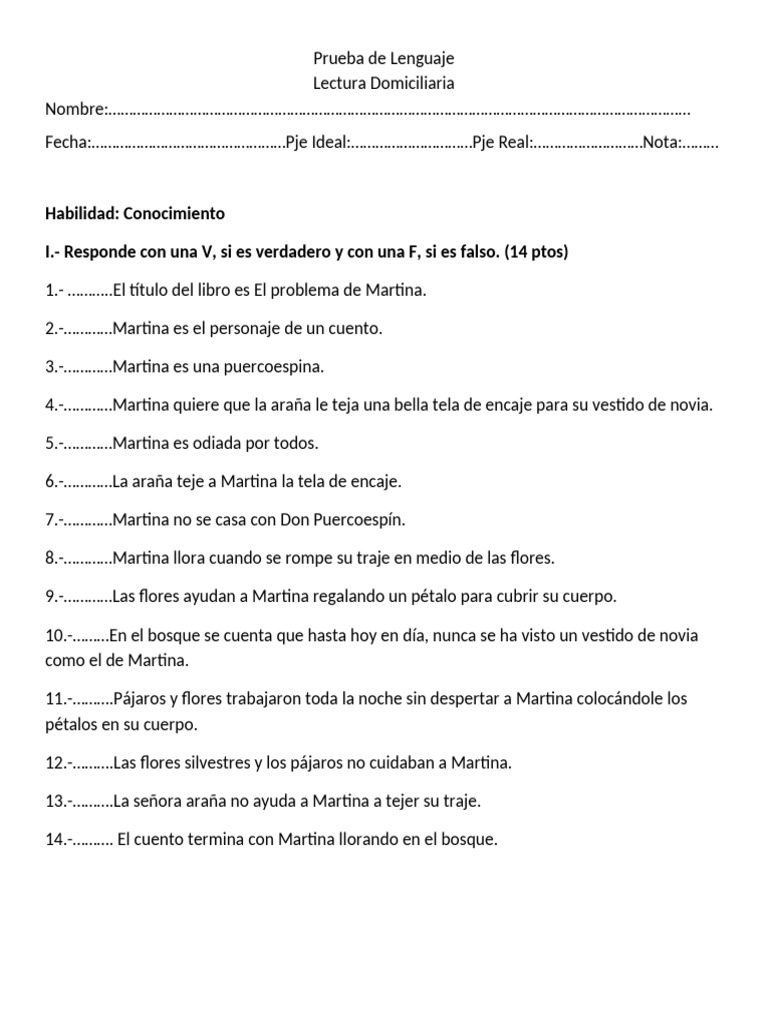 Prueba de Comprensión de Lectura: Martina | PDF