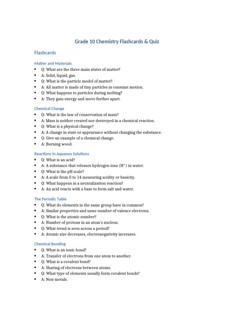 Grade 10 Chemistry Flashcards and Quiz | PDF