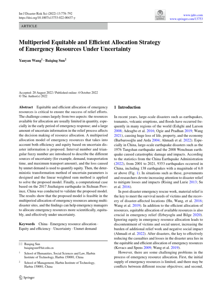 Multiperiod Equitable and Efficient Allocation Strategy of Emergency Resources Under Uncertainty ...