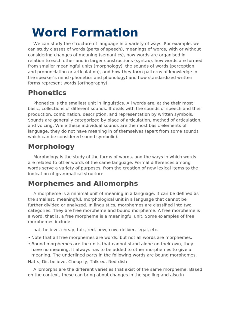 Word Formation Word | PDF | Morphology (Linguistics) | Word