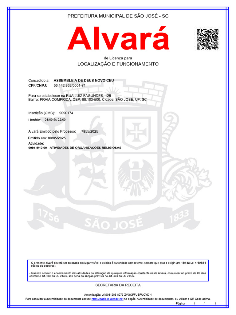 Alvará de Funcionamento - Assembleia de Deus | PDF