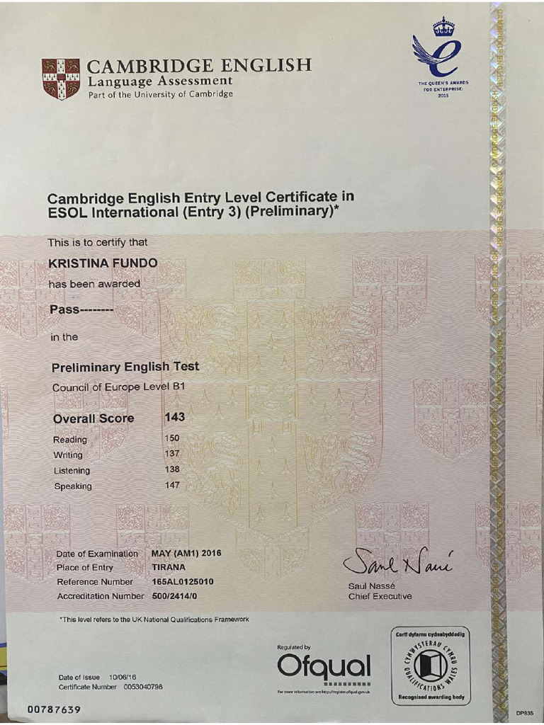 English B1 Certificate | PDF