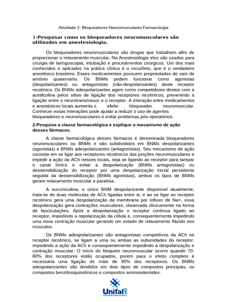 Bloqueadores Neuromusculares na Anestesia | PDF | Drogas | Farmacologia