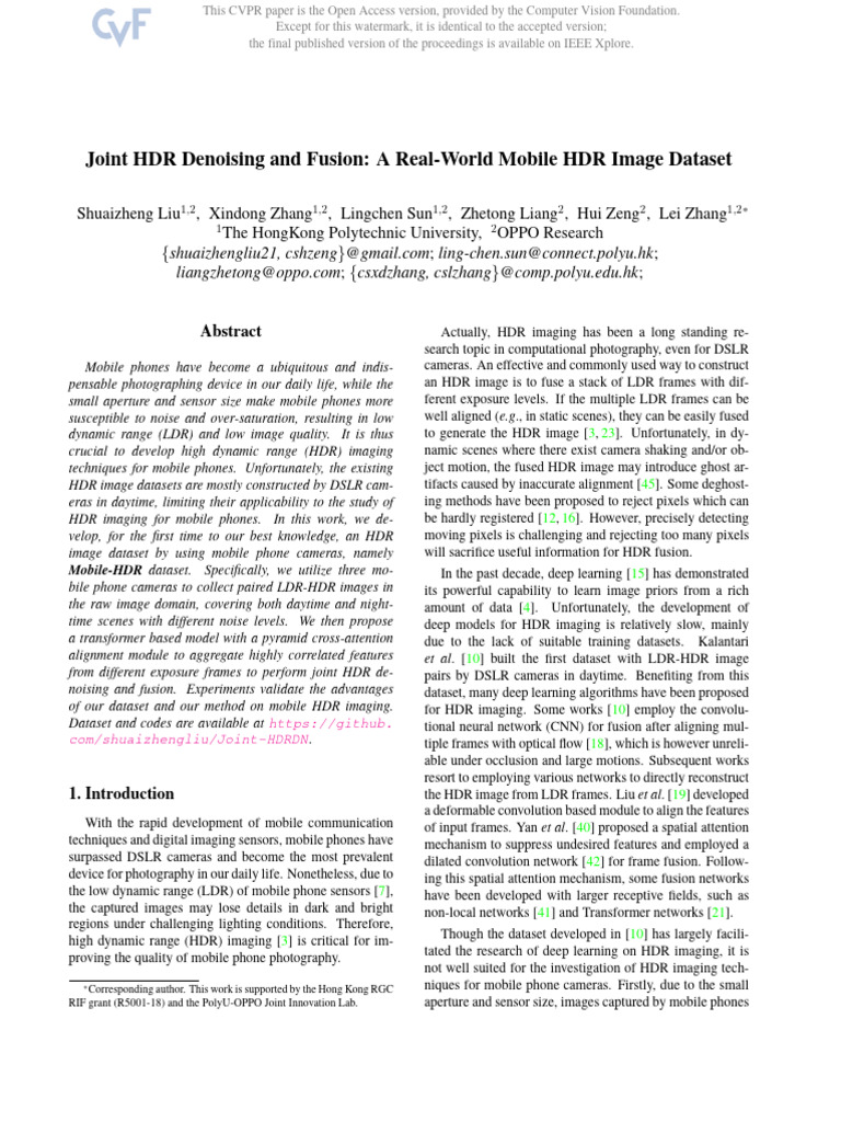 Liu Joint HDR Denoising and Fusion A Real-World Mobile HDR Image CVPR 2023 Paper | PDF | Camera ...
