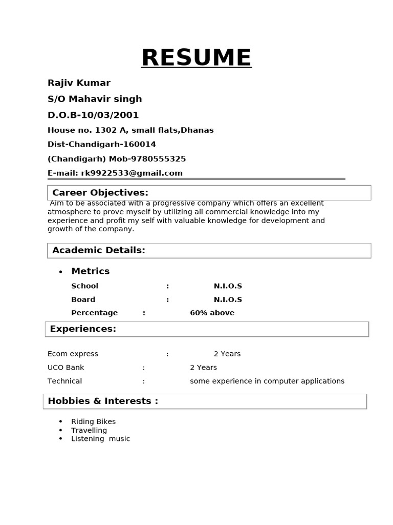Resume: Rajiv Kumar S/O Mahavir Singh D.O.B-10/03/2001 | PDF